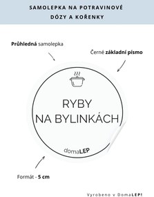 Samolepka na kořenky RYBY NA BYLINKÁCH průhledná 5 cm základní písmo