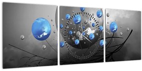 Obraz modrých abstraktních koulí (s hodinami) (90x30 cm)