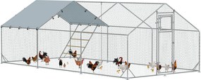 PawHut Kurník pro slepice z oceli, 3 x 6 x 1,95 m s UV-odolným pokryvem, krmícími dveřmi, visícím krmítkem, trúnící tyčí, kurník pro 18-24 slepic a ma