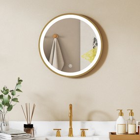 HOMCOM LED koupelnové kulaté zrcadlo 40 cm, nástěnné osvětlené zrcadlo se 3 barevnými teplotami, stmívatelné, zlaté