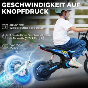 AIYAPLAY Elektrická motorka pro děti 24 V dětský motokros s 250W motorem, 7Ah baterie, zadní odpružení, kotoučová brzda, 16 km/h, 8–12 let