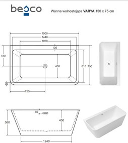 Besco Varya vana volně stojící 150 x 75 cm sifon černá barva grafit VANVARYA150BG3 Koupelny Bernold