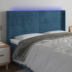 Čelo postele s LED tmavě modré 203 x 16 x 118/128 cm samet