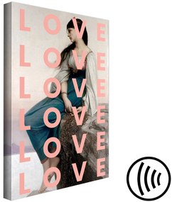 Obraz Velký pocit (1-dílný) svislý - text "láska" a žena na pozadí