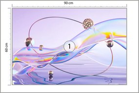 Fototapeta Abstract 3D Render. Glass Ribbon On Water With Geometric Circle And Spheres. Holographic Shape In Motion. Iridescent Digital Art For Banner Background, Wallpaper. Transparent Glossy Design Element. Omyvatelný vlies 405x270
