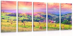 5-dílný obraz stohy sena v karpatských horách - 100x50 cm
