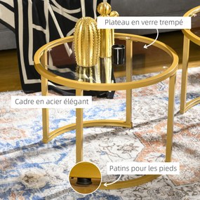 HOMCOM Sada 2 moderních kulatých stolků s variabilní výškou 70/54 cm, se skleněnou deskou a zlatým ocelovým základem