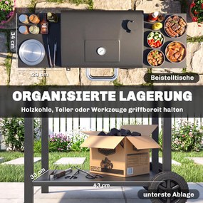 Outsunny gril na dřevěné uhlí s poklopem — BBQ vozík s 2 bočními stolky, velká grilovací plocha, teploměr a kolečka, 110 x 46,5 x 101 cm (černý)