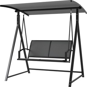 Zahradní houpačka Outsunny 2-místná s nastavitelnou stříškou 90° UV ochrana 30+ a trojúhelníkovým kovovým rámem nosnost 220 kg 160x112x162 cm Tmavě še