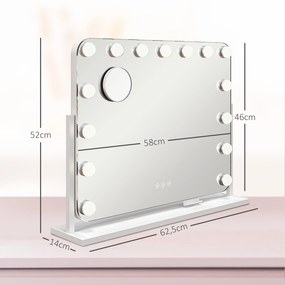 HOMCOM LED kosmetické zrcadlo, 3 světelné režimy, stmívatelné, dotykové ovládání, USB, 62,5 x 49,5 cm, bílé