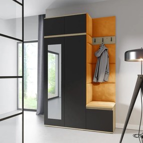 Eka Předsíňová stěna s čalouněnými panely Trinity 20 - Dub Artisan s černou / Hořčicová 2326