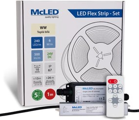 McLED LED pásek - sada 1 m + Přijímač Nano IP67, 240 LED/m, WW, 6 W/m, DC 24V, 500 lm/m, CRI90, IP67, 10 mm, vodič 3 m ML-126.034.90.S01002