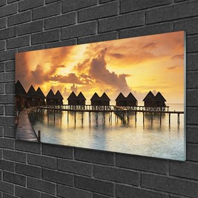 Obraz na skle Moře Prázdniny Domky 100x50 cm