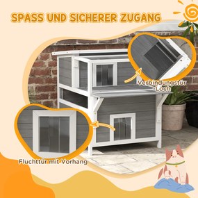 PawHut kočičí jeskyně, kočičí bouda z jedlového dřeva, kočičí domek s balkonem, vchody, pro kočky do 5 kg, venkovní, 64 x 87 x 76 cm, světle šedá