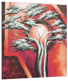 Orientální červený obraz stromu a slunce (30x30 cm)