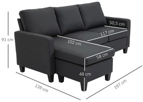 HOMCOM Rohová látková sedací souprava ve tvaru L s oboustranným lehátkem, sedací souprava lněná tmavě šedá 197x139x91cm do obývacího pokoje | Aosom.de