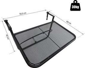 Balkonový závěsný stolek Outsunny výškově nastavitelný čtvercový kovový černý 60x56,5x45cm ideální pro balkon a terasu | Aosom.de