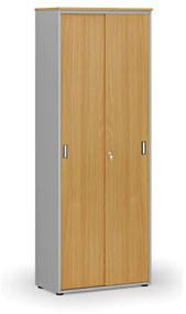 Kancelářská skříň se zasouvacími dveřmi PRIMO GRAY, 2128 x 800 x 420 mm, šedá/buk