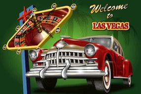DIMEX | Samolepicí vliesová fototapeta na zeď Retro plakát Las Vegas MA-5-2178 | 375 x 250 cm | zelená, modrá, červená, žlutá, metalická