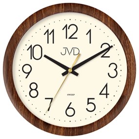 JVD Nástěnné bílé čitelné netikající tiché hodiny JVD H608.3 v imitaci dřeva
