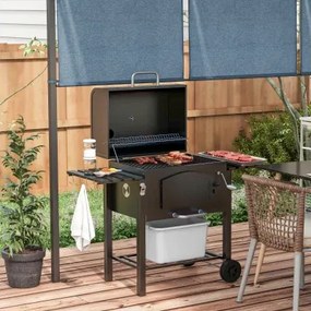Outsunny gril na dřevěné uhlí BBQ gril Smoker, nastavitelná přihrádka na uhlí, boční odkládací plochy, 124 x 66 x 112 cm, černý