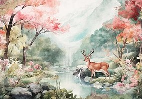 Postershop Fototapeta vliesová: Landscape Painted Forest Deer - 208x146 cm