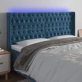 Čelo postele s LED tmavě modré 203 x 16 x 118/128 cm samet