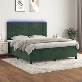 Box spring postel s matrací a LED tmavě zelená 160x200 cm samet