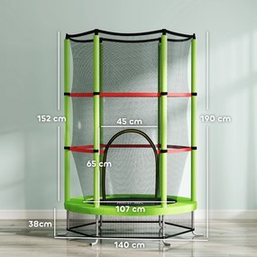 HOMCOM Dětská trampolína Ø140x190 cm pro děti 3-6 let se bezpečnostní sítí, 45 kg nosnost, interiérová zelená
