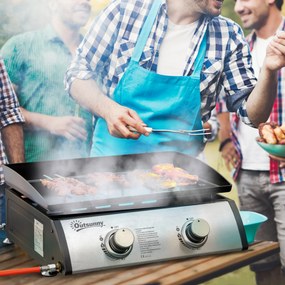 Stolní plynový gril Outsunny BBQ se 2 hořáky, stolní plynový gril s hadicí, nerezová ocel a kov, nepřilnavá grilovací deska, ideální pro kempování