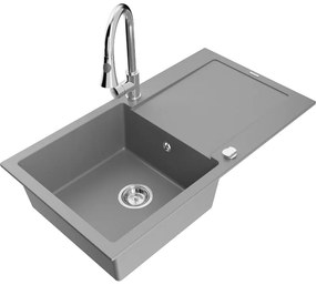 Mexen Leo, 1-komorový granitový dřez 900x500x190 mm a dřezová baterie Elia, šedá, 6501-71-670101-00