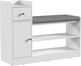 HOMCOM Lavička na boty s polštářkem, zásuvkou a otevřenými přihrádkami, předsíňová lavička 90x29,8x67,8 cm, bílá