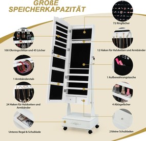 Costway Zrcadlová skříňka na šperky s celoplošným zrcadlem a zásuvkami a LED