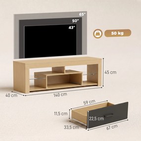 HOMCOM TV nízká komoda pro televizi až 65 palců, moderní televizní skříňka s nastavitelnými skleněnými policemi, dub