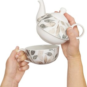 Porcelánová čajová souprava pro jednoho Scandic Leaves – konvička 0,45 l + šálek a podšálek, s motivem listí v přírodních tónech