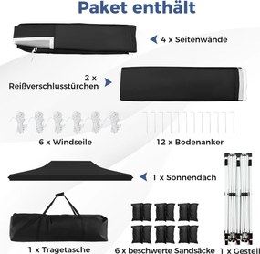 Costway Pavilon skládací pavilon s 6 odnímatelnými bočními stěnami a – černý