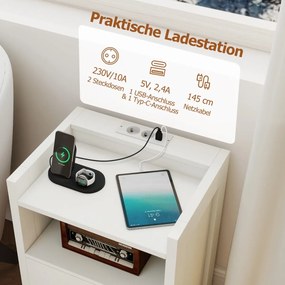 Costway Noční stolek s LED světly a nabíjecí stanicí s 2 zásuvkami a otevřeným