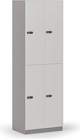 Dřevěná šatní skříňka S4 s úložnými boxy, 4 boxy, demont, mechanický kódový zámek, šedá/bílá