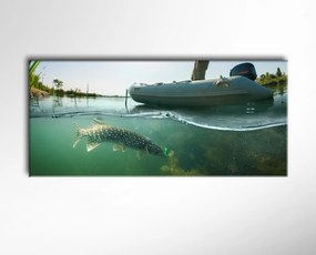 Malvis ® Obraz Rybář na člunu zdolává štiku ROZMĚR (šířka x výška): pětidílný obdélník 150x60 cm