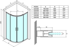 Gelco Gelco, SIGMA SIMPLY čtvrtkruhová sprchová zástěna 900x900 mm, R550, čiré sklo, GS5590