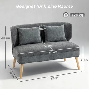 HOMCOM 2místná kompaktní křídlová pohovka s 2 polštáři, 117 cm silně polstrovaná dvousedací pohovka z čalouněné chenille, dřevěné nohy, šedá