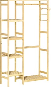 HOMCOM Bambusový věšák na kabáty s 4 policemi, spodní tyčí a bočními háčky na oblečení a tašky, 90x30x155 cm, přírodní