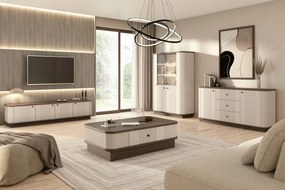 Komoda Vesper 160 cm se zásuvkami - kašmírová / ořech / černé úchytky