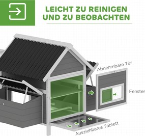 PawHut Velký kurník pro 7-10 kuřat, bidýlka, houpačka, okno, hnízdní boxy, drátěné pletivo, šedá barva