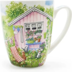 Porcelánový hrnek Pohoda na zahradě, 350 ml – hrnek pro zahrádkářku s kočkou a květinami