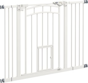 Schodišťová branka PawHut pro psy s automatickým zavíráním a klapkou pro kočky, bez vrtání, 74-100 cm, bílá | Aosom.de