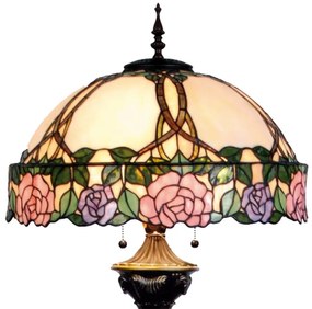 Stojací lampa Tiffany Prunellie růžovo zelená s motivem růží – 164 cm