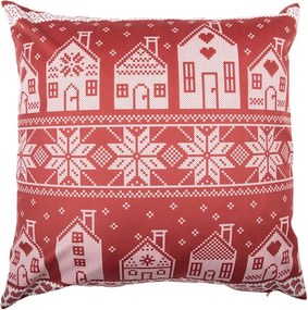 Červený povlak na polštář s domky a vločkami - 45*45 cm