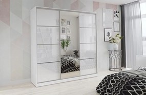 Nejlevnější nábytek Šatní skříň LITOLARIS 200 se zrcadlem, 4 šuplíky a 2 šatními tyčemi, bílý lesk