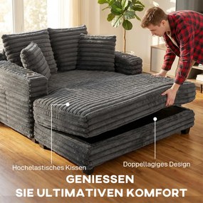 HOMCOM rozkládací pohovka pro 2 osoby s chaise, šedý kordurový potah, polštářky, područky s držáky na nápoje – 134 × 151 × 89 cm